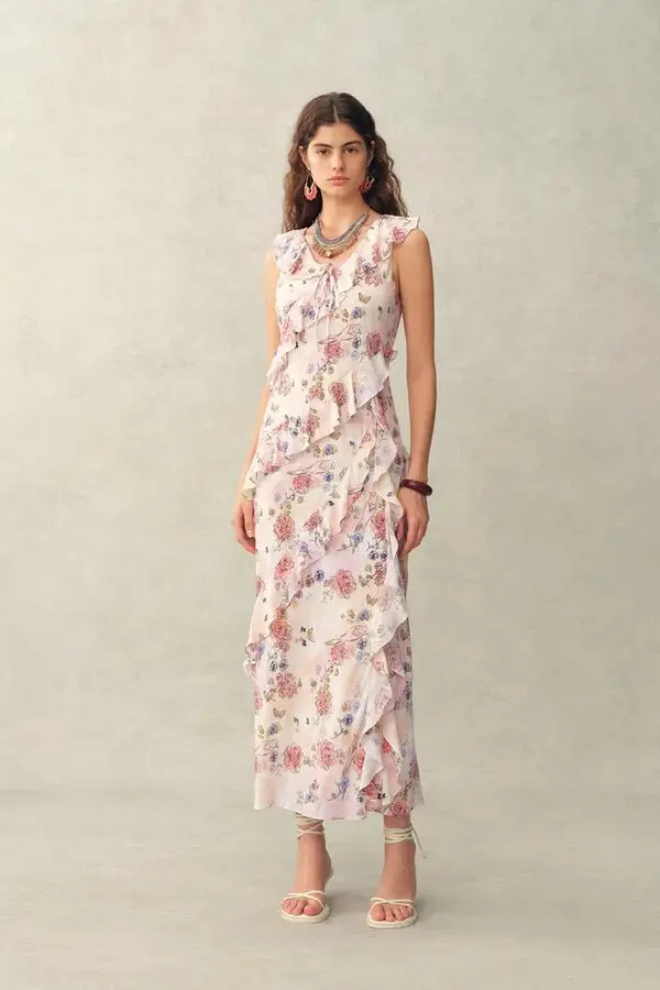 Fabrique Alice Handpainted Floral Bias Cut Ruffled Maxi Dress - Multicolor