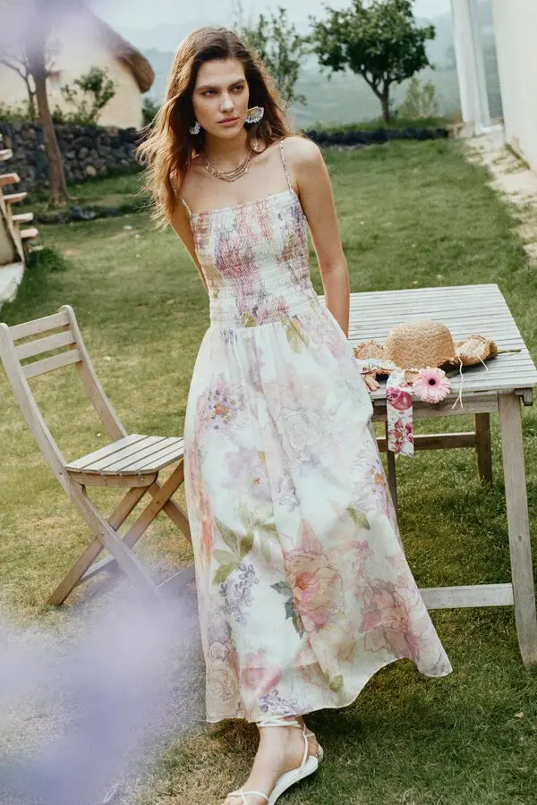 Fabrique Handworked Floral Print Silk-linen Blend Dress - Multicolor
