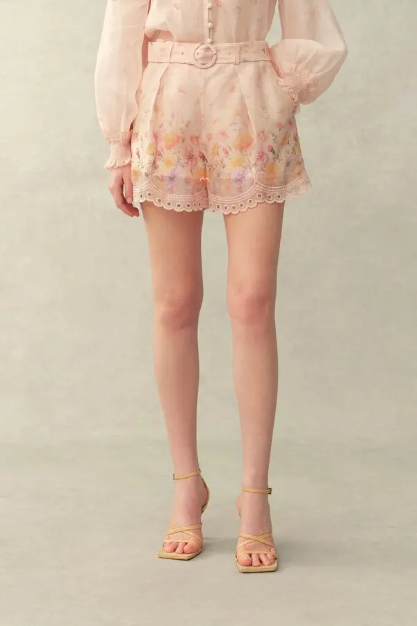 Fabrique Lillian Handpainted Floral Embroidery Belted Shorts In Silk Linen Organza - Orange