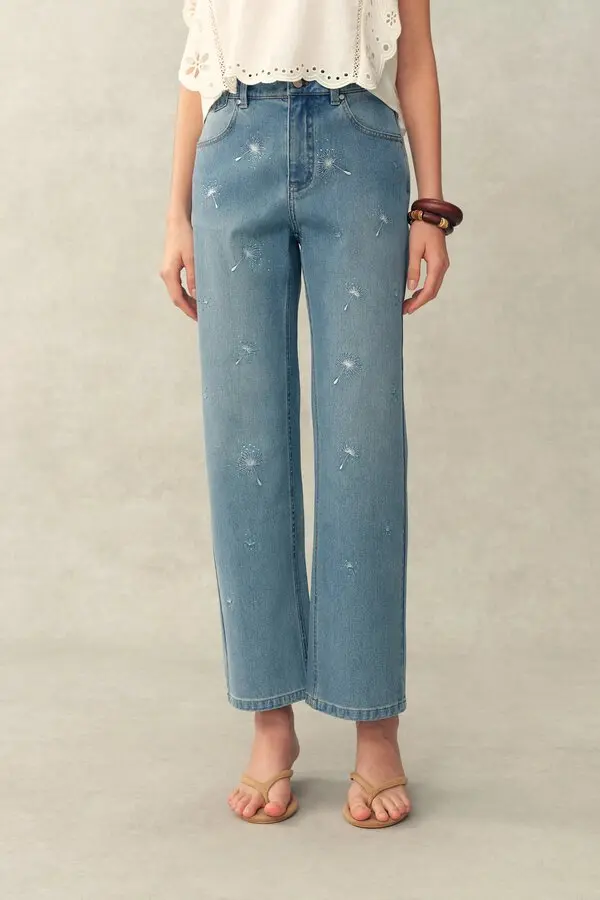 Fabrique Annette Embroidered Crystal Embellished Dandelion Cropped Straight Leg Jeans - Blue