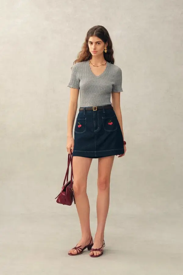 Fabrique Evie V-neck Pointelle Short Sleeve Top In Cotton Knit