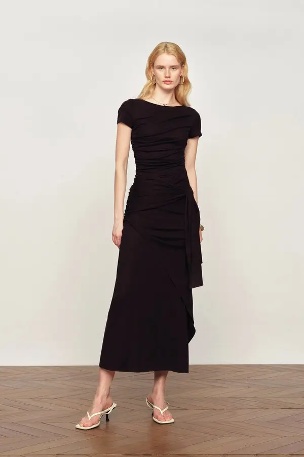 Fabrique Sculptural Ruched Boatneck Dress In Tencel-merino Blend - Red