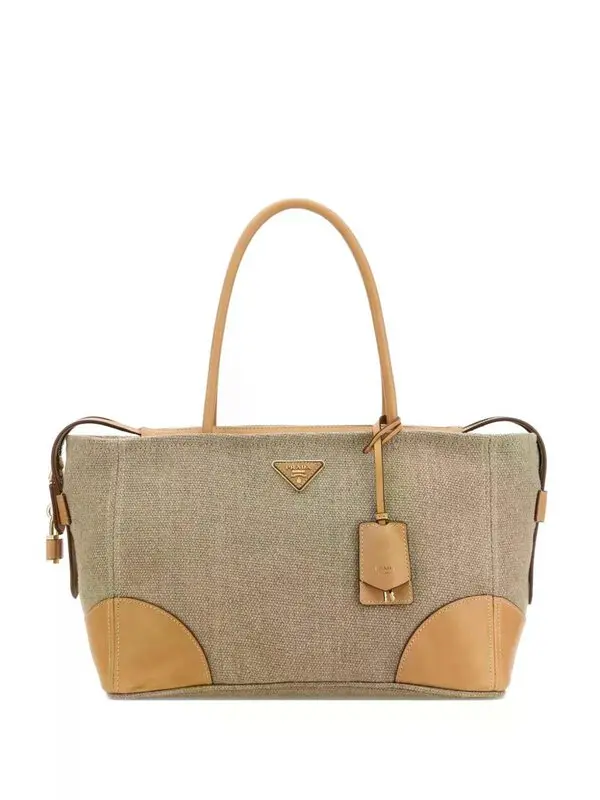 Prada Large Canvas Tote Bag With Leather Trim