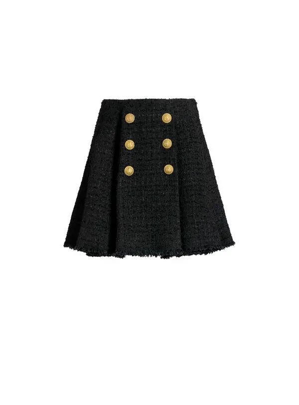 Balmain Flared Tweed Skirt With Lion Head Buttons - Black