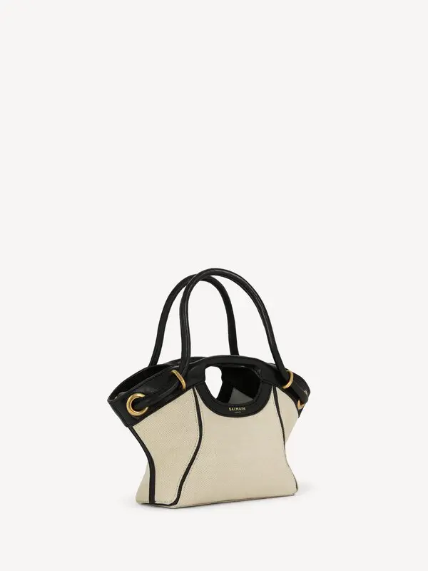 Balmain Small Tote In Smooth Leather And Canvas - Beige