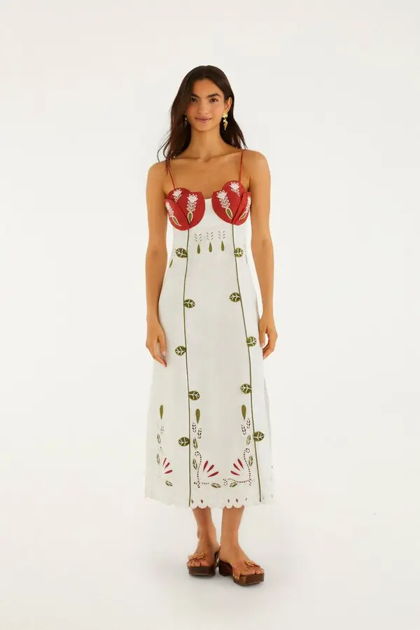 FARM RIO VICKY MONTANARI Farm Rio Tulip Richelieu Embroidered Midi Dress - Off-white