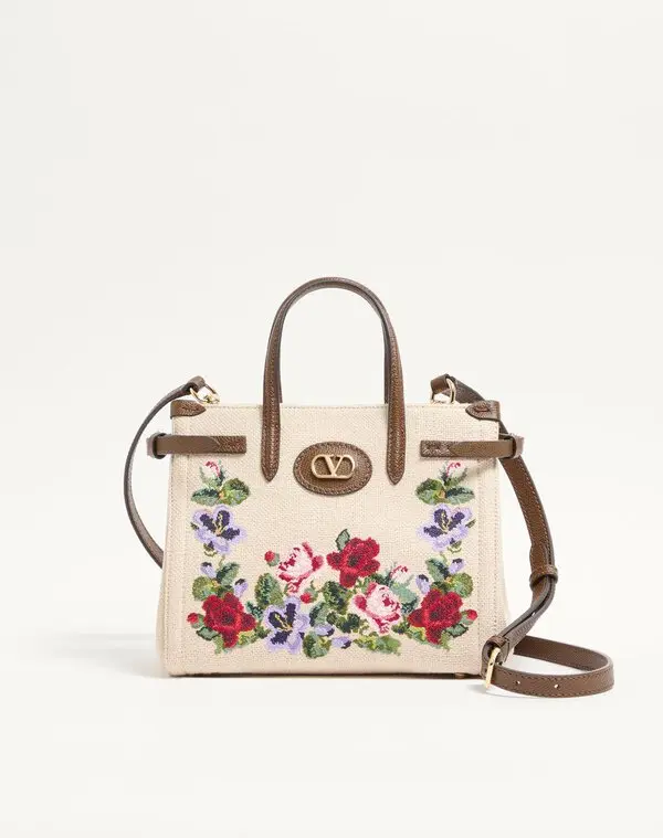 Valentino Garavani Antibes Small Embroidered Linen Shopping Bag - Ecru/multicolour