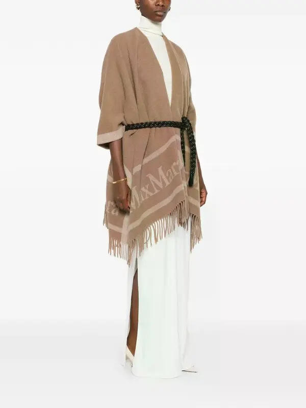 Max Mara Logo Intarsia Fringed Cape - Neutrals