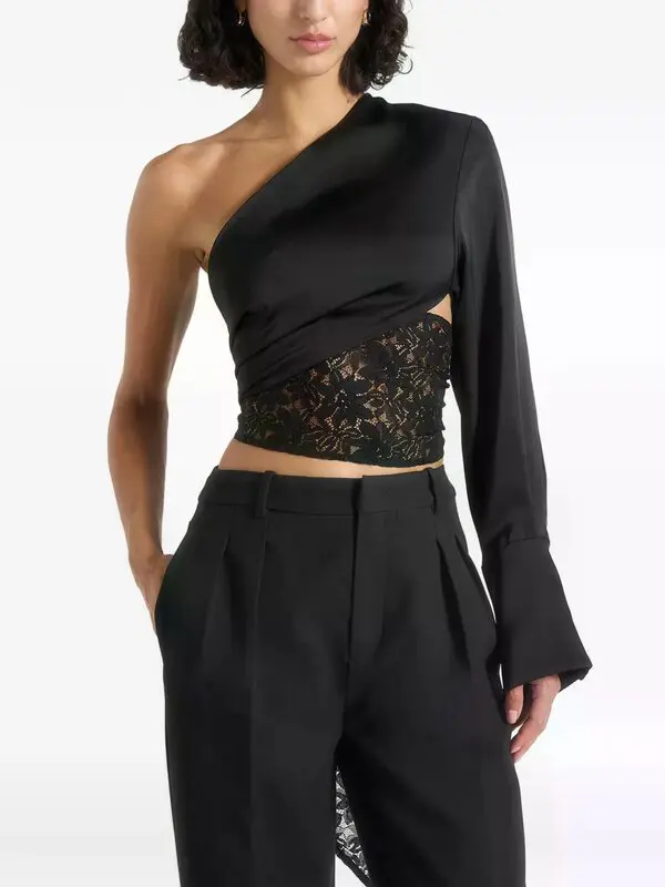 Manière De Voir One-sleeve Lace And Satin Top - Black