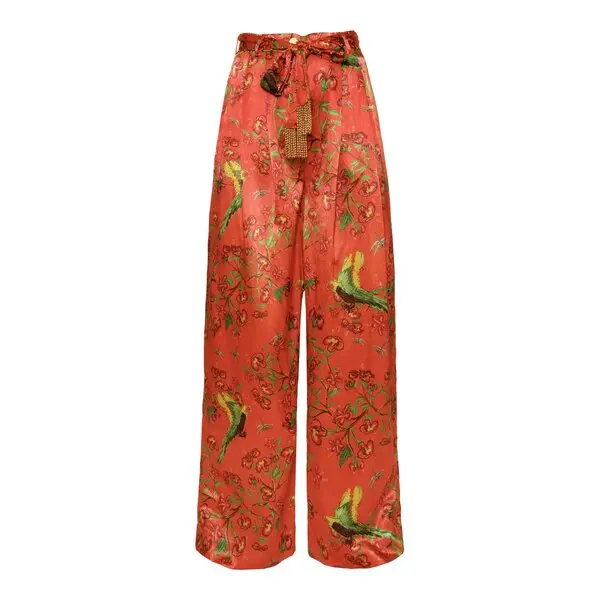 ASHAKI Maya Wide-leg Trousers With Hibiscus And Green Parakeet Print
