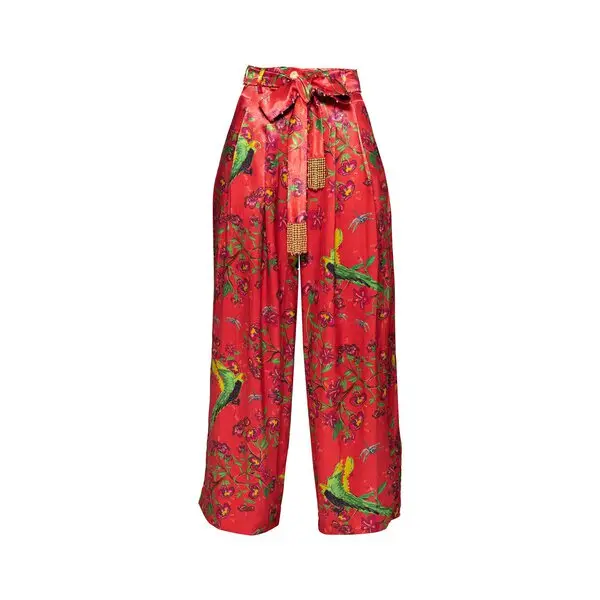 ASHAKI Maya Wide-leg Trousers With Hibiscus And Green Parakeet Print