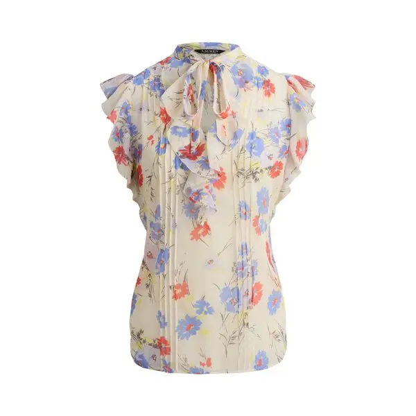 Ralph Lauren Floral Pintucked Tie-neck Blouse