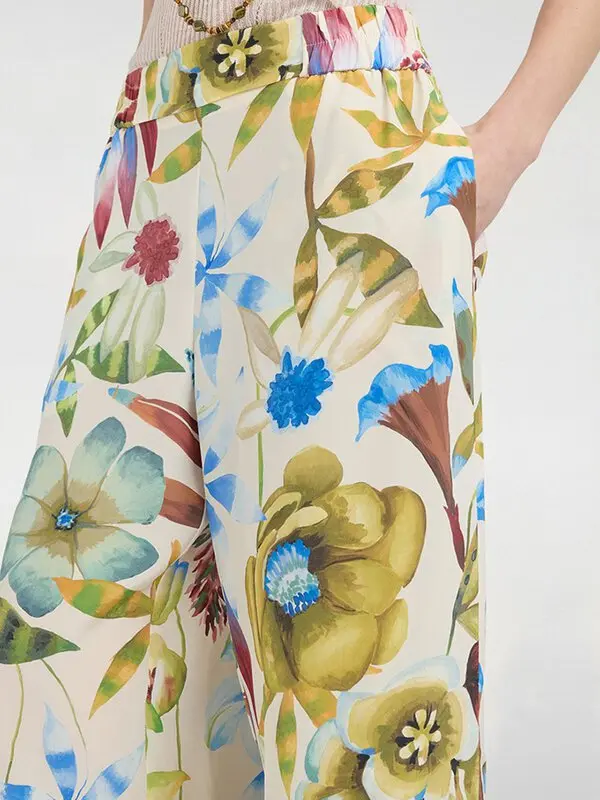 Momoni High-waisted Floral Print Silk Palazzo Trousers