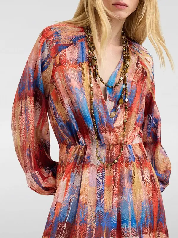 Momoni Abstract Print Silk Mini Dress With V-neck And Long Sleeves