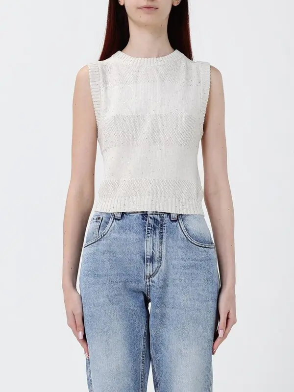 Brunello Cucinelli Sleeveless Knitted Top With Sequin Embellishments - Beige