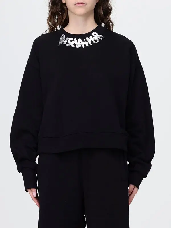 DISCLAIMER Cropped Cotton Jumper With Printed Logo And Crew Neck - Black