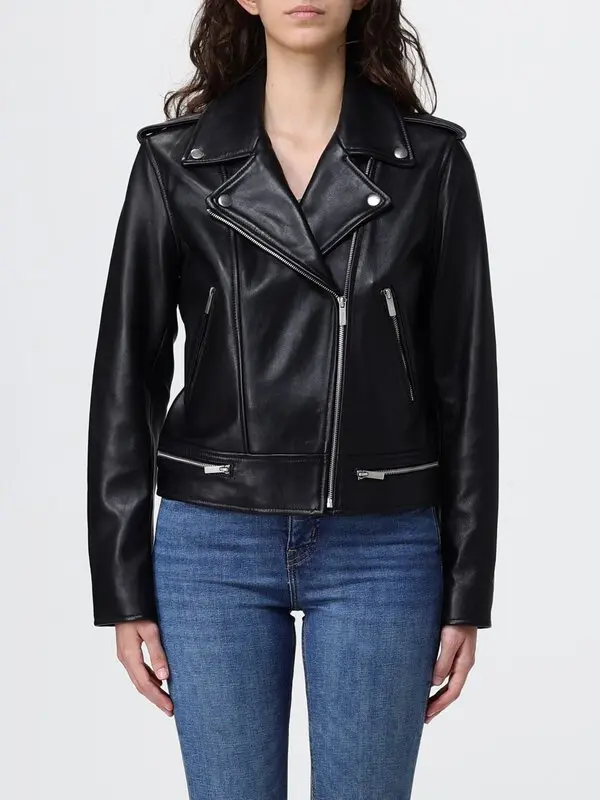 TWINSET Leather Biker Jacket With Asymmetrical Zip And Shoulder Epaulettes - Black