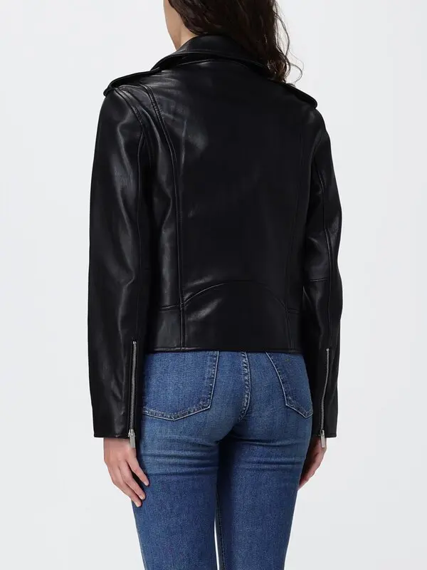 TWINSET Leather Biker Jacket With Asymmetrical Zip And Shoulder Epaulettes