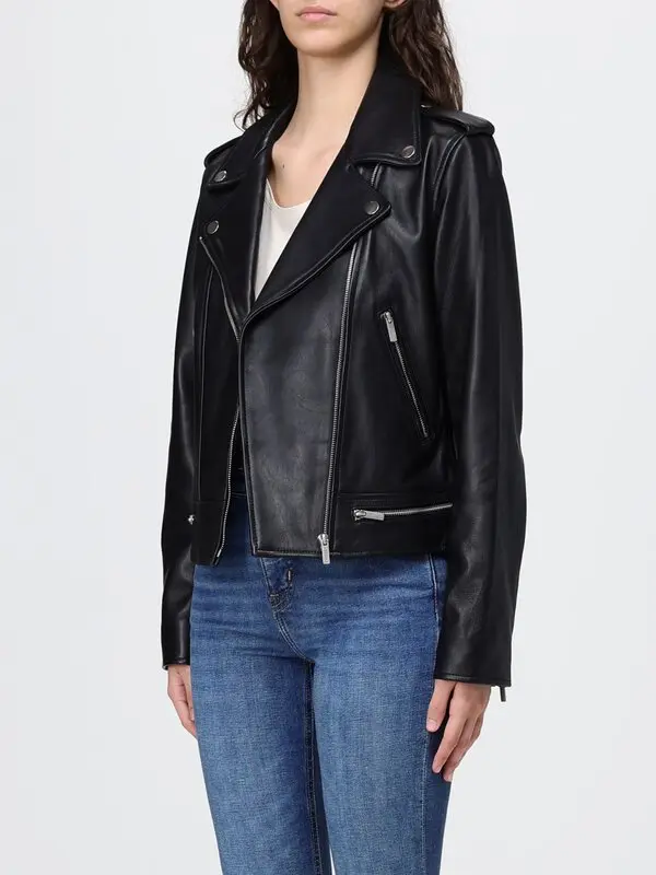TWINSET Leather Biker Jacket With Asymmetrical Zip And Shoulder Epaulettes