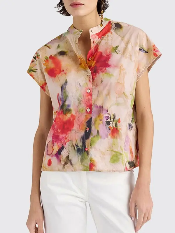 Momoni Floral Print Cotton Shirt With Mandarin Collar