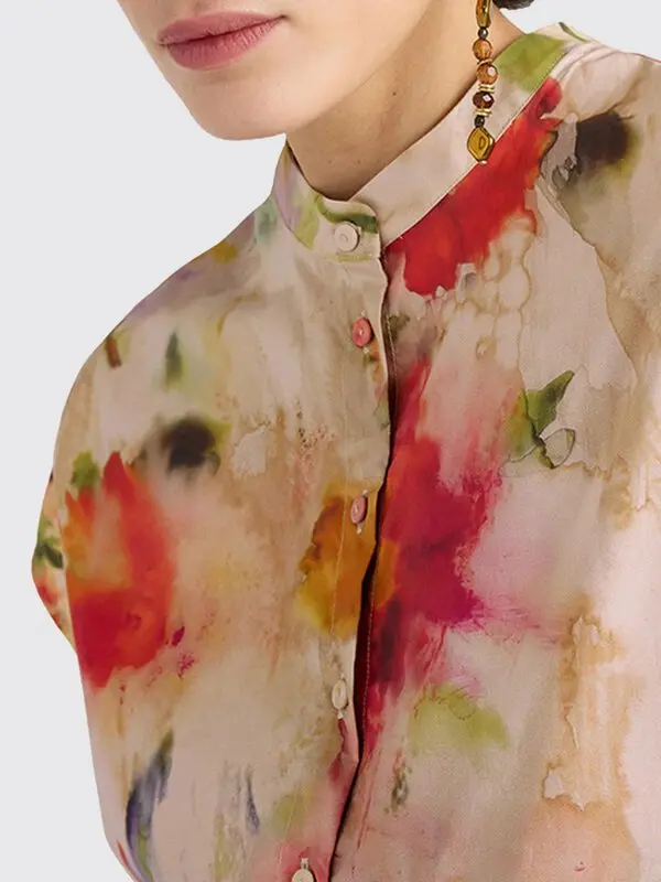 Momoni Floral Print Cotton Shirt With Mandarin Collar