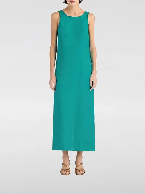 Momoni A-line Linen Midi Dress With Off-the-shoulder Design And Back Slit - Emerald