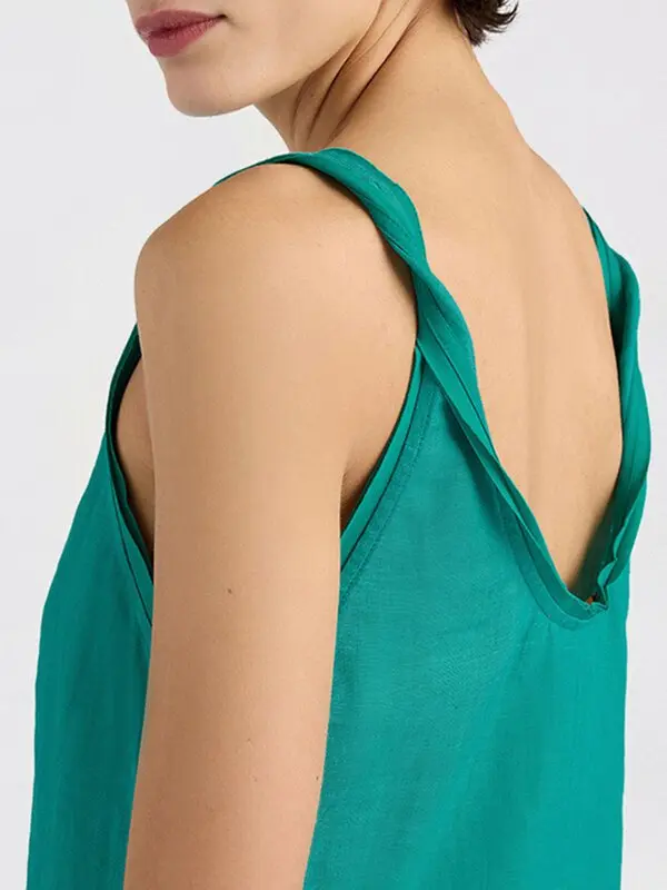 Momoni A-line Linen Midi Dress With Off-the-shoulder Design And Back Slit - Emerald