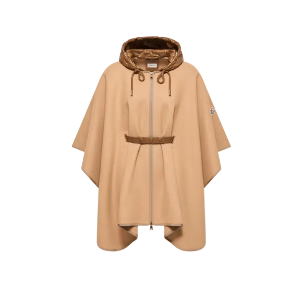 Moncler Padded Wool Blend Cape With Hood - Beige