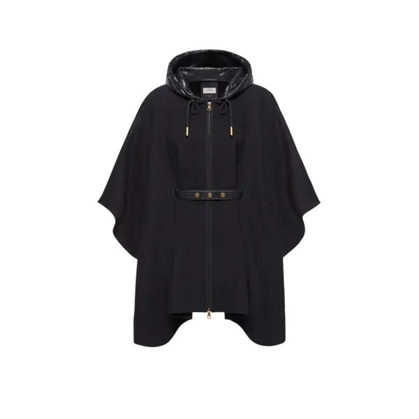 Moncler Padded Wool Blend Cape With Hood And Belt