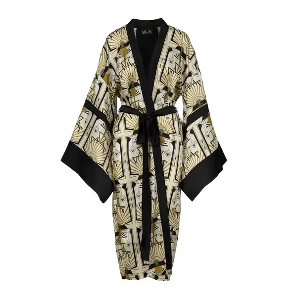 VAZAF Geometric Print Satin Kimono - Black