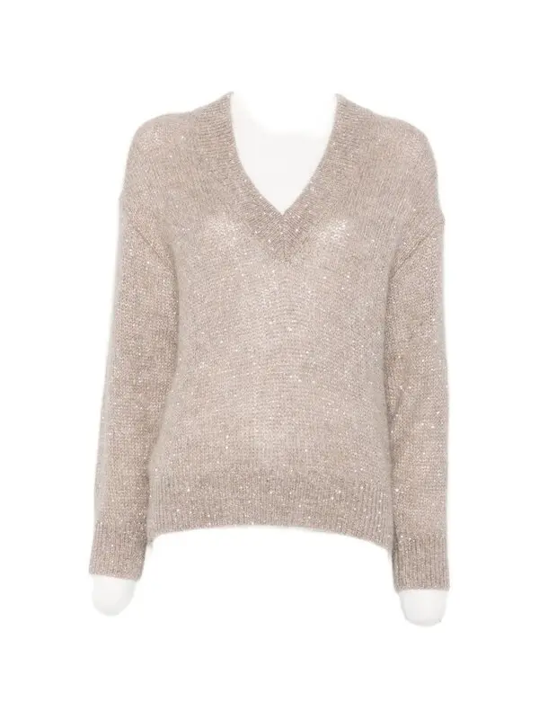 Brunello Cucinelli V-neck Sequin Embellished Wool Blend Sweater