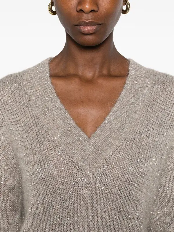 Brunello Cucinelli V-neck Sequin Embellished Wool Blend Sweater