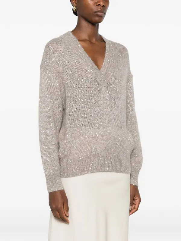 Brunello Cucinelli V-neck Sequin Embellished Wool Blend Sweater
