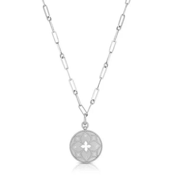 Roberto Coin 18k White Gold Diamond & Satin Flower Medallion Necklace - Wg