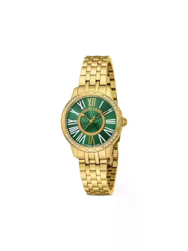 Roberto Cavalli Stainless Steel Quartz Watch With Crystal-encrusted Bezel - Green