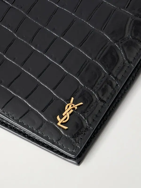 Saint Laurent Tiny Cassandre Logo-appliquéd Croc-effect Leather Bifold Wallet - Black