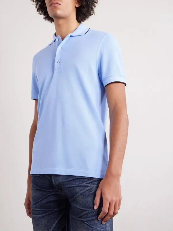TOM FORD Contrast-tipped Lyocell-piqué Polo Shirt - Blue