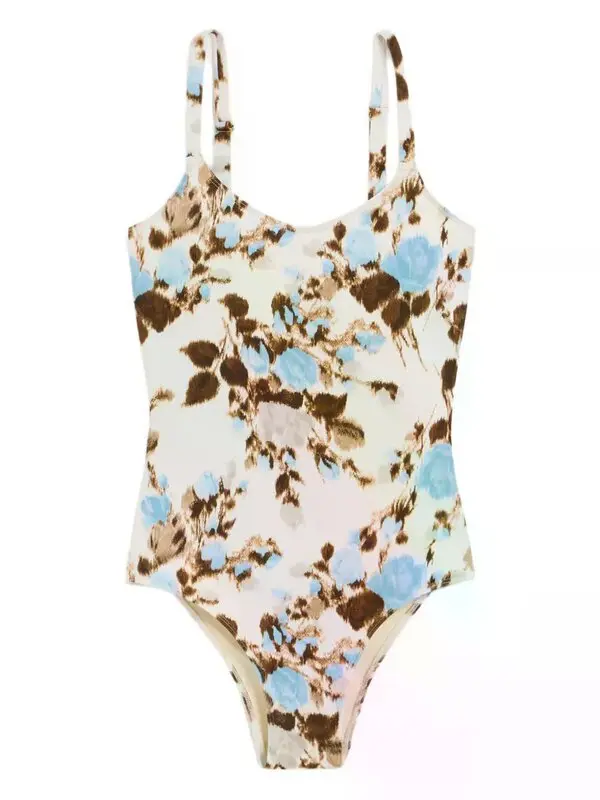 AMI Paris Floral-print Swimsuit - Neutrals