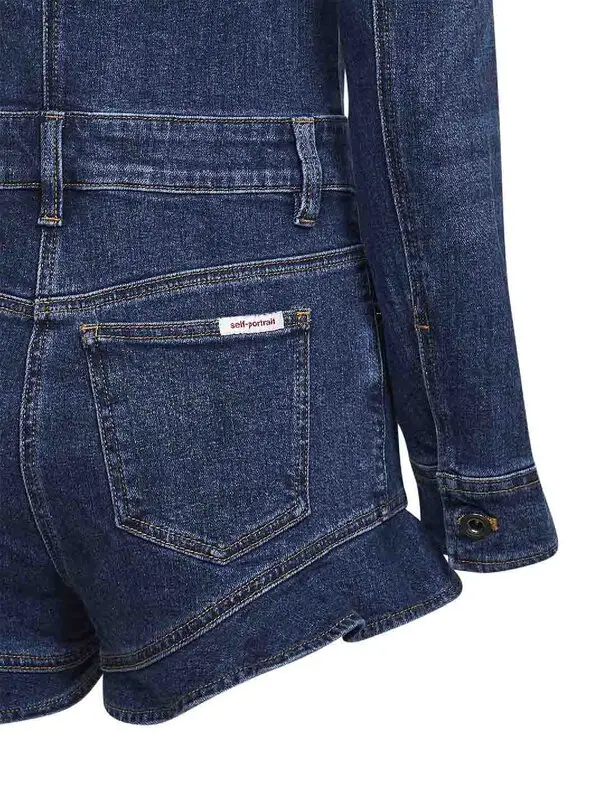 SELF-PORTRAIT Blue Stretch Denim Ruffle Playsuit