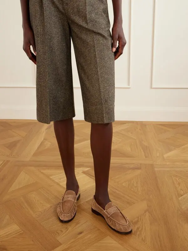 Saint Laurent Cassandre-embellished Suede Loafers - Neutrals