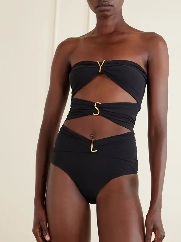 Saint Laurent Strapless Cut-out Gathered Embellished Swimsuit
