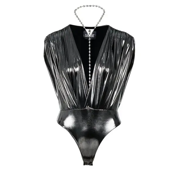 VAZAF Metallic Plunge Bodysuit With Crystal Chain Detail