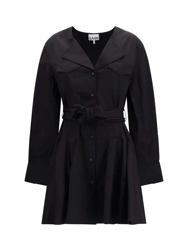 GANNI Short Shirt Dress With Belt - Black