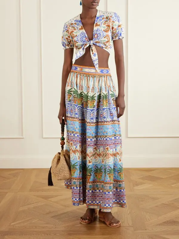 EMPORIO SIRENUSE Ombretta Pleated Printed Cotton Midi Skirt