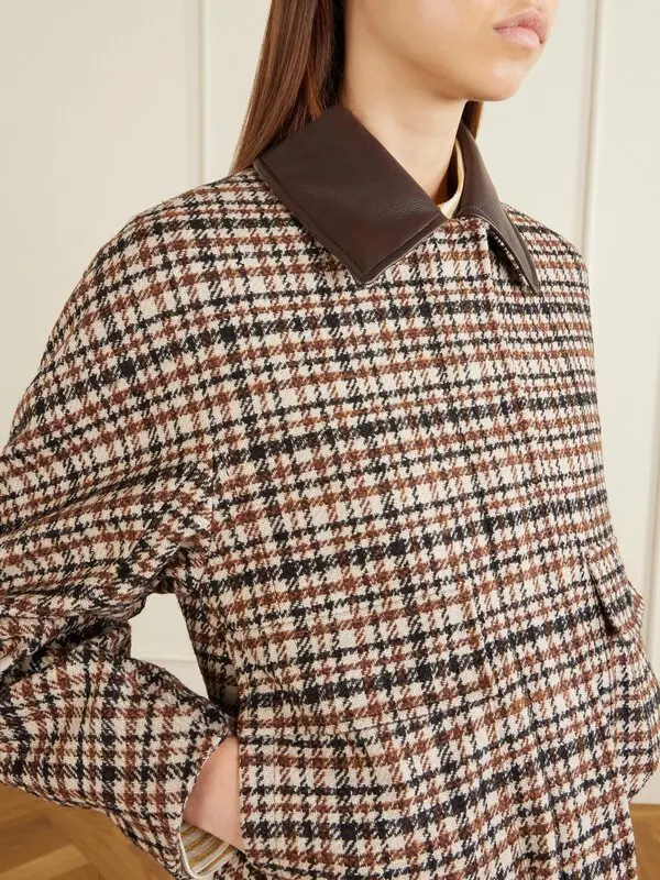 Brunello Cucinelli Checked Wool-blend Jacket With Leather Trim