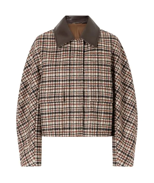Brunello Cucinelli Checked Wool-blend Jacket With Leather Trim