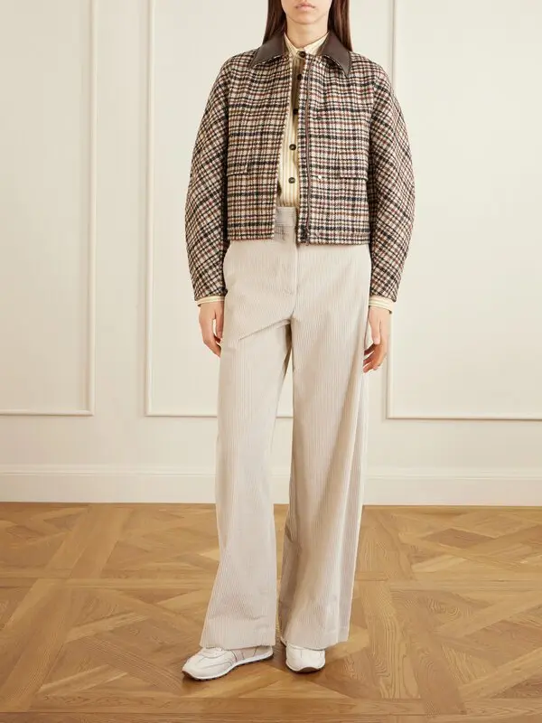 Brunello Cucinelli Checked Wool-blend Jacket With Leather Trim