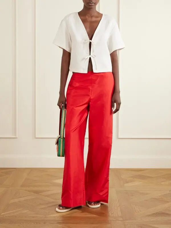 Staud Stroll Silk-dupioni Wide-leg Pants - Red