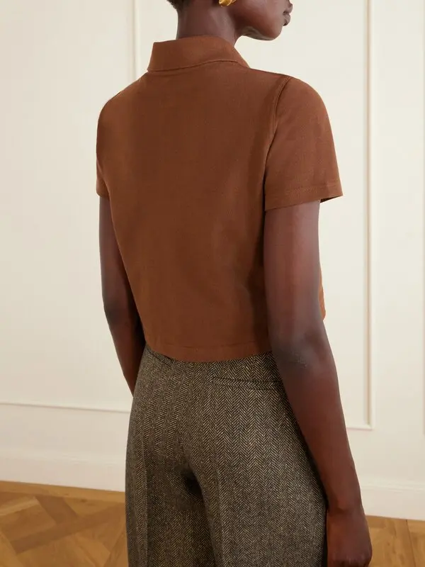 Saint Laurent Cassandre Embroidered Cropped Cotton-piqué Polo Shirt - Brown
