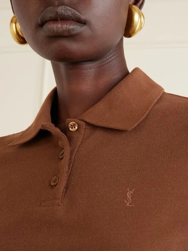 Saint Laurent Cassandre Embroidered Cropped Cotton-piqué Polo Shirt - Brown